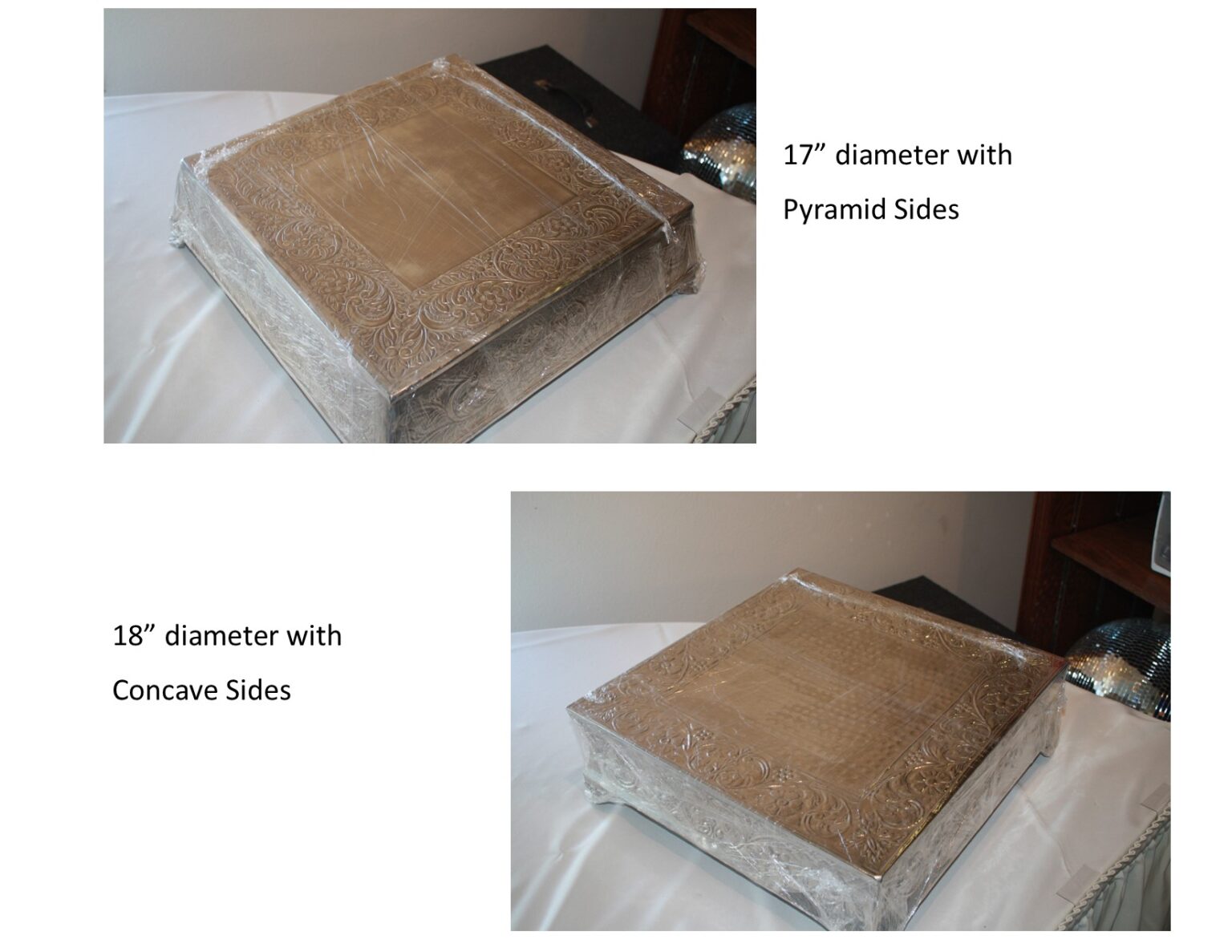 Cake Plateau, Square Silver, 2 sizes - RSVP Event Equipment Rental